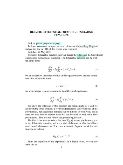 Hermite Differential Equation Generating Functions Pdf Equations