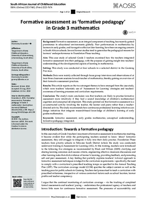 Pdf Formative Assessment As ‘formative Pedagogy In Grade 3 Mathematics