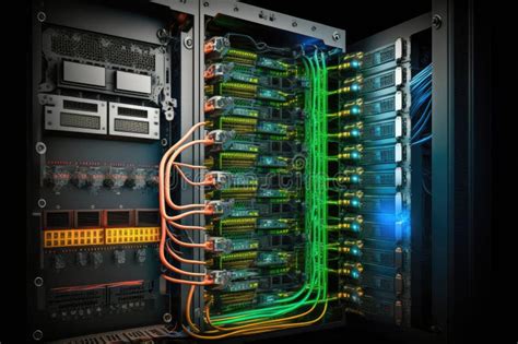 Rack Housing Server Data Storage Hardware In A Data Center The Equipment Is Connected By A Lot