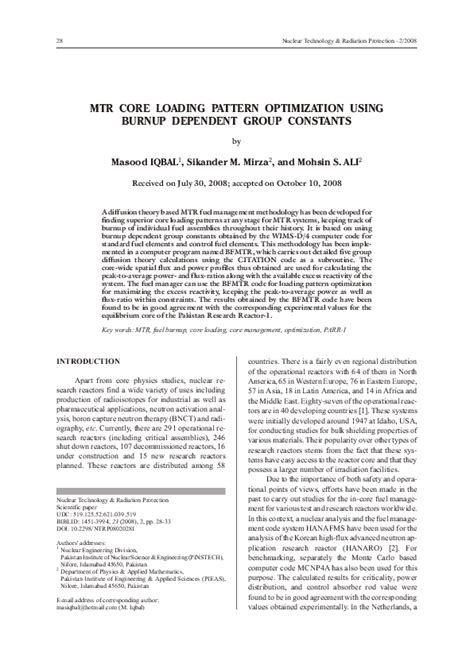 Pdf Mtr Core Loading Pattern Optimization Using Burnup Dependent