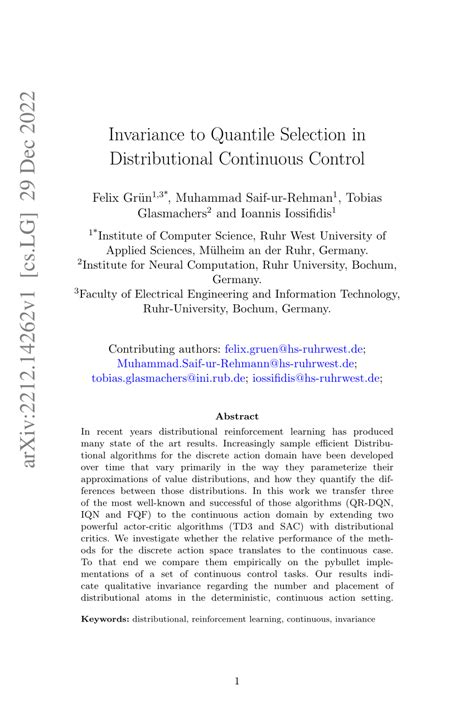 Pdf Invariance To Quantile Selection In Distributional Continuous Control
