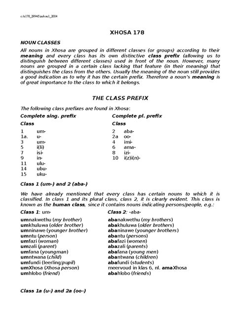 Noun Classes Naamwoordklasse Eng Cx1782994sinsbou1 Xhosa 178
