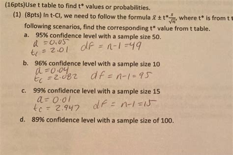 solved 16pts use t table to find t values or