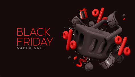 블랙 프라이데이 슈퍼 세일 현실적인 3d 플라스틱 만화 스타일 요소 쇼핑 카트 음식 바구니가 비어 있고 가을 돈 선물 상자가있는