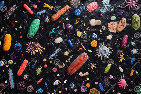 Diverse Array Of Colorful Bacteria And Microbes Observed Under A Microscope In A Laboratory