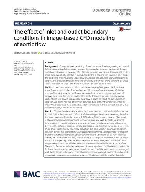 Pdf The Effect Of Inlet And Outlet Boundary Conditions In Image Based Cfd Modeling Of Aortic Flow