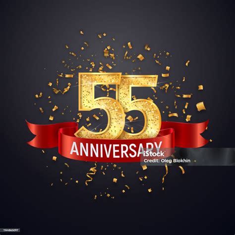 어두운 배경에 55 년 기념일 템플릿 55 빨간색 리본 벡터와 색종이 고립 된 디자인 요소와 황금 숫자를 축 하 0명에 대한 스톡 벡터 아트 및 기타 이미지 Istock