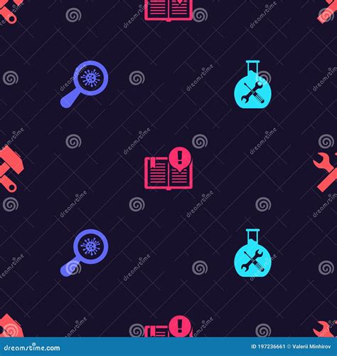 Set Bioengineering Service Microorganisms Under Magnifier Interesting Facts And Crossed Hammer