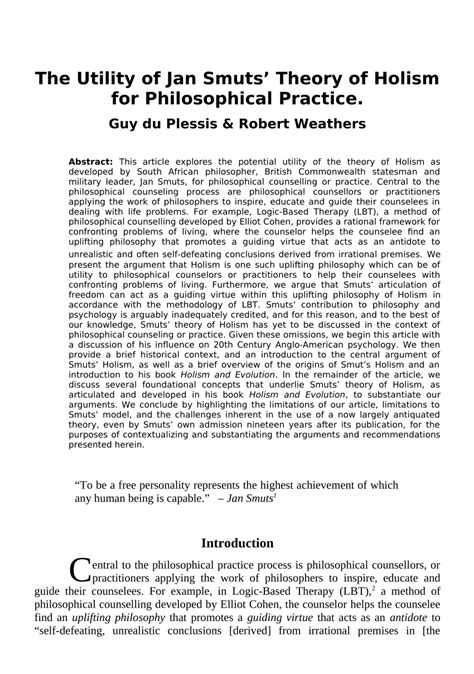 Pdf The Utility Of Jan Smuts Theory Of Holism For Philosophical Practice