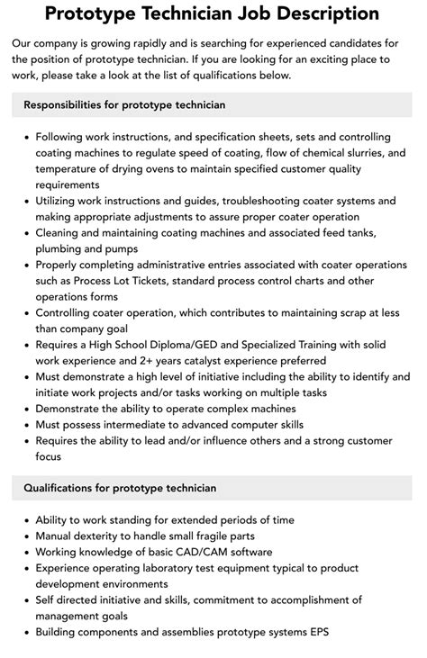 Prototype Technician Job Description Velvet Jobs