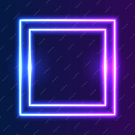 미래의 네온 사각형 프레임 테두리 파란색과 보라색 네온 빛나는 배경 프리미엄 벡터
