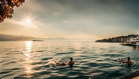 People Swimming And Sunbathing At Lakefront Of Lake Geneva In Lausanne