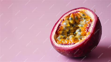 Passion Fruit Cut In Half Showing Seeds On A Pink Backdrop Premium Ai