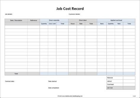 Job Cost Record Template Double Entry Bookkeeping Double Entry