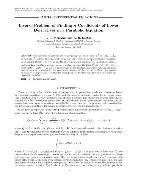 Pdf Inverse Problem Of Finding N Coefficients Of Lower Derivatives In A Parabolic Equation
