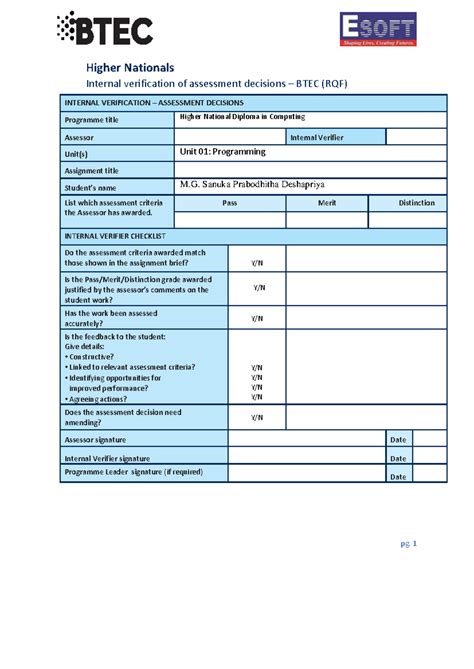 Btec Hnd Computing Unit 01 Programming Assignment Internal