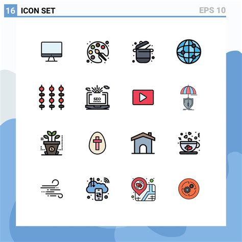 User Interface Pack Of 16 Basic Flat Color Filled Lines Of Kebab Internet Cooking Globe