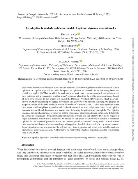 Pdf An Adaptive Bounded Confidence Model Of Opinion Dynamics On Networks