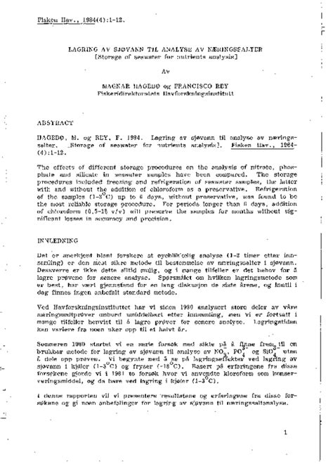 Pdf Storage Of Seawater For Nutrients Analysis