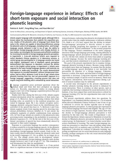 Kuhl Et Al 2003 Foreign Language Experience In Infancy Effects Of Short Term Exposure And Social