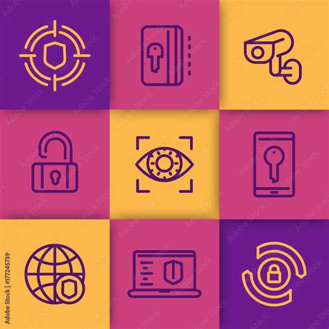 Security And Protection Line Icons Set Secure Network Key Card Privacy Biometric Recognition
