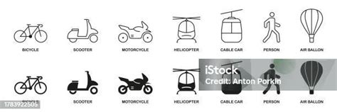 교통 표지 수집 차량 기호 교통 모드 라인 및 실루엣 아이콘 세트 보행자 헬리콥터 자전거 오토바이 오토바이 케이블카 픽토그램 고립된 벡터 삽화 공중 케이블 카에 대한 스톡