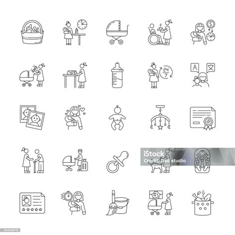 베이비 시터 서비스 픽셀 완벽한 선형 아이콘 세트 육아 아이들과 함께 도와주세요 풀 타임 보모 사용자 정의 가능한 얇은 선 윤곽 기호 격리된 벡터 개요 그림입니다 편집