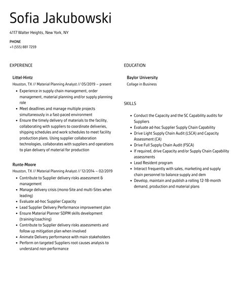 Material Planning Analyst Resume Samples Velvet Jobs
