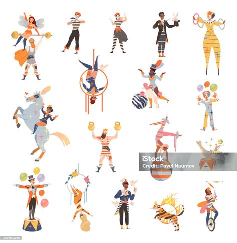 서커스 아티스트 캐릭터 와 광대 Strongman 그리고 Acrobat 균형 무대 또는 경기장 큰 벡터 세트에서 공연 서커스 오락 행사에 대한 스톡 벡터 아트 및 기타