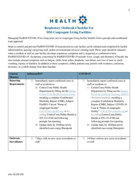 Fillable Online Respiratory Outbreak Checklist For Congregate Living