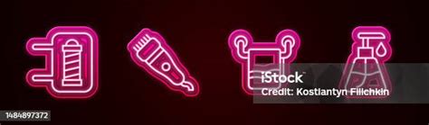 세트 라인 이발소 기둥 전기 머리 깎기 옷걸이에 수건 및 크림 화장품 튜브 빛나는 네온 아이콘입니다 벡터 건강 진단에 대한 스톡 벡터 아트 및 기타 이미지 Istock