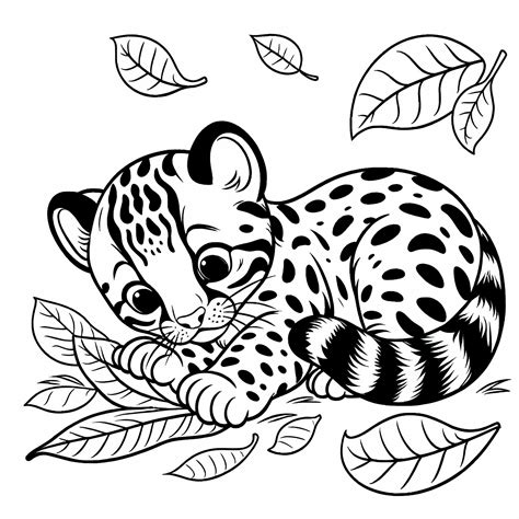 Bébé Ocelot Joue Avec Des Feuilles Téléchargez Gratuitement Le Modèle à Colorier