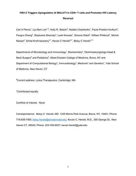 Pdf Hsv 2 Triggers Upregulation Of Malat1 In Cd4 T Cells And
