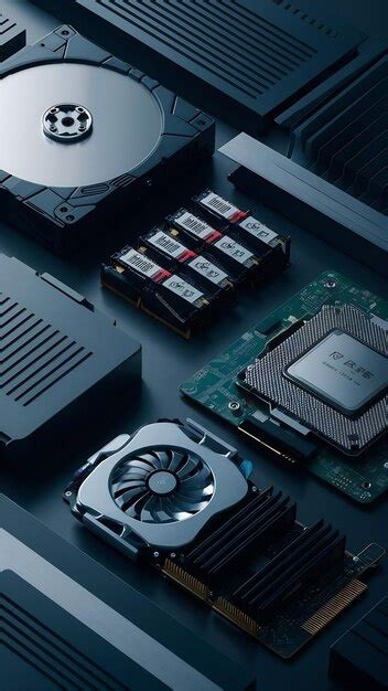 Top View Of Computer Parts With Hard Disk Ram Cpu Graphics Card And Motherboard Premium Ai