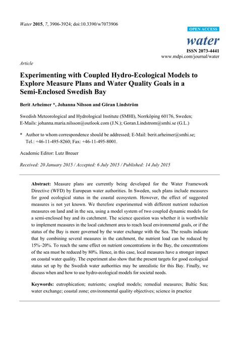Pdf Experimenting With Coupled Hydro Ecological Models To Explore Measure Plans And Water