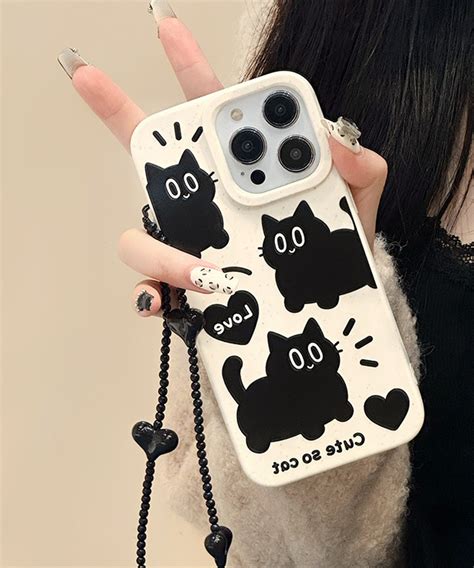 핑크리어카 귀여운 아이폰 블랙 큐트 고양이 스트랩 실리콘 젤리 특이한 키치 심플 우정 친구 핸드폰줄 핸드폰 휴대폰 애플 폰