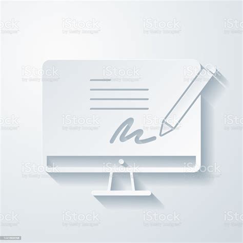 데스크톱 컴퓨터의 전자 서명 빈 배경에 종이 자르기 효과가 있는 아이콘 3차원 형태에 대한 스톡 벡터 아트 및 기타 이미지 3차원 형태 개념 계약서 Istock