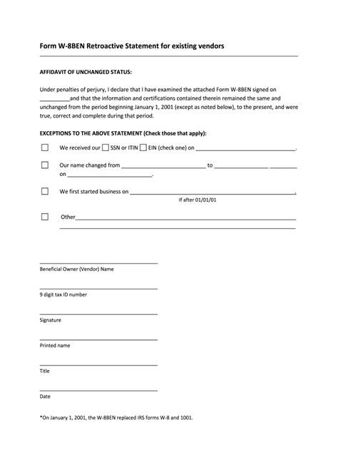 Form W 8ben Retroactive Statement Existing Vendors Fill Online