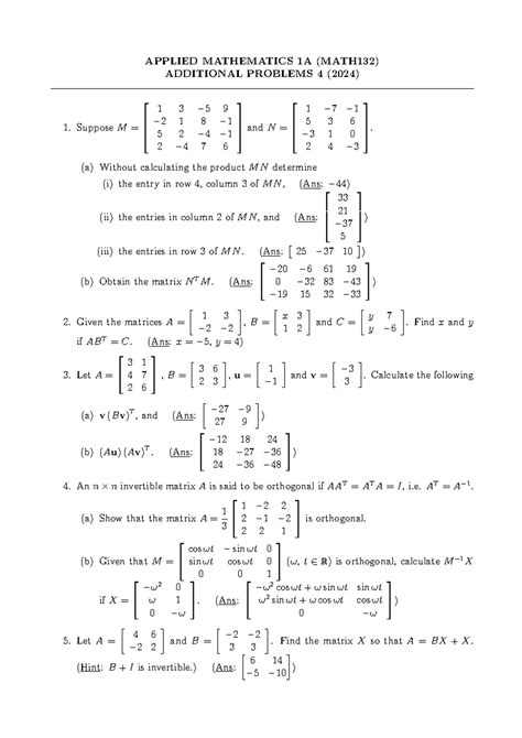 additional tutorial problems 4 2024 applied mathematics 1a math132
