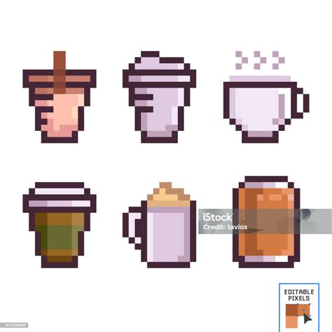 커피용 찻주전자와 종이컵이 있는 차 머그잔과 주스 또는 알코올 음료를 위한 유리 픽셀 아트 아이콘은 격리된 벡터 삽화를