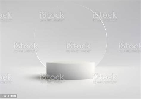 흰색과 회색 배경에 투명한 유리 원형 배경이 있는 3d 현실적인 현대 럭셔리 스타일의 흰색 연단 플랫폼 비어 있음에 대한 스톡