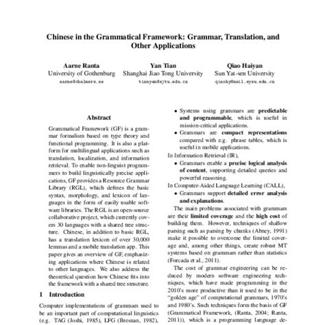 Chinese In The Grammatical Framework Grammar Translation And Other