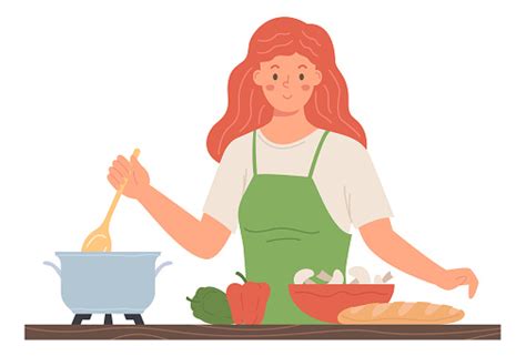 버섯으로 수프를 요리하는 여성 플랫 디자인 일러스트레이션 벡터 수프에 대한 스톡 벡터 아트 및 기타 이미지 수프 숟가락 여자 Istock