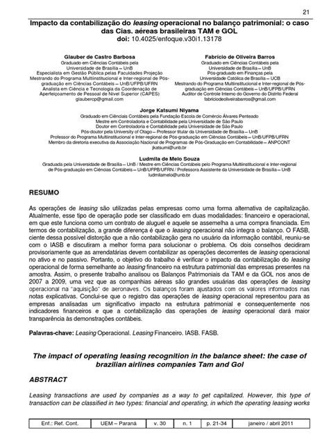 Barbosa Et Al 2011 Impacto Da Contabilização Do Leasing Operacional No Balanço Patrimonial