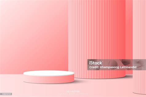 호화스러운 3d 백색 분홍색 실린더 연단 받침대는 거대한 기둥 또는 극 배경으로 현실적이다 제품 전시 또는 모형을 위한 최소한의 장면 3d 벡터 렌더링 디자인 제품