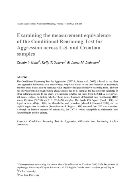 Pdf Examining The Measurement Equivalence Of The Conditional Reasoning Test For Aggression