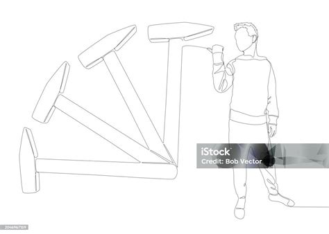One Continuous Line Of Man Pointing With Finger At Hammer Thin Line Illustration Construction