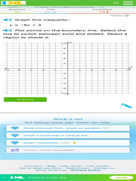 Ixl Graph A Two Variable Linear Inequality Algebra 1 Practice Pdf Mathematical Objects