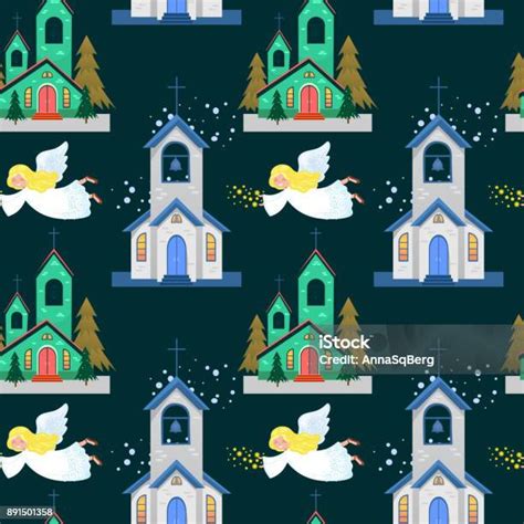 메리 크리스마스와 해피 뉴가 어 완벽 한 패턴 교회 및 눈 기독교와 가톨릭 겨울 도시 대성당 벡터 일러스트 레이 션 종교 이런