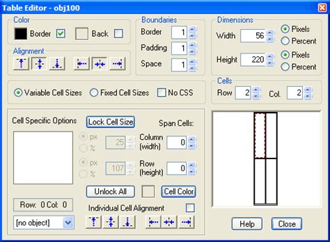 Table Editor Dialog Box